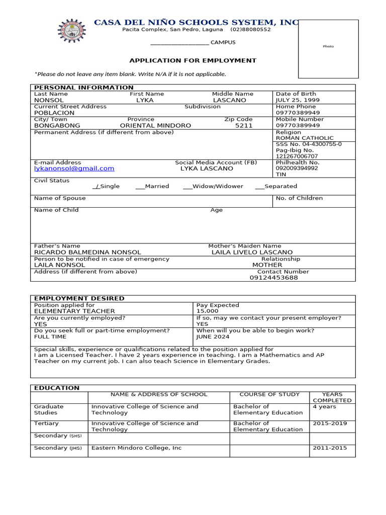 Employment Application for Elementary Teacher | PDF