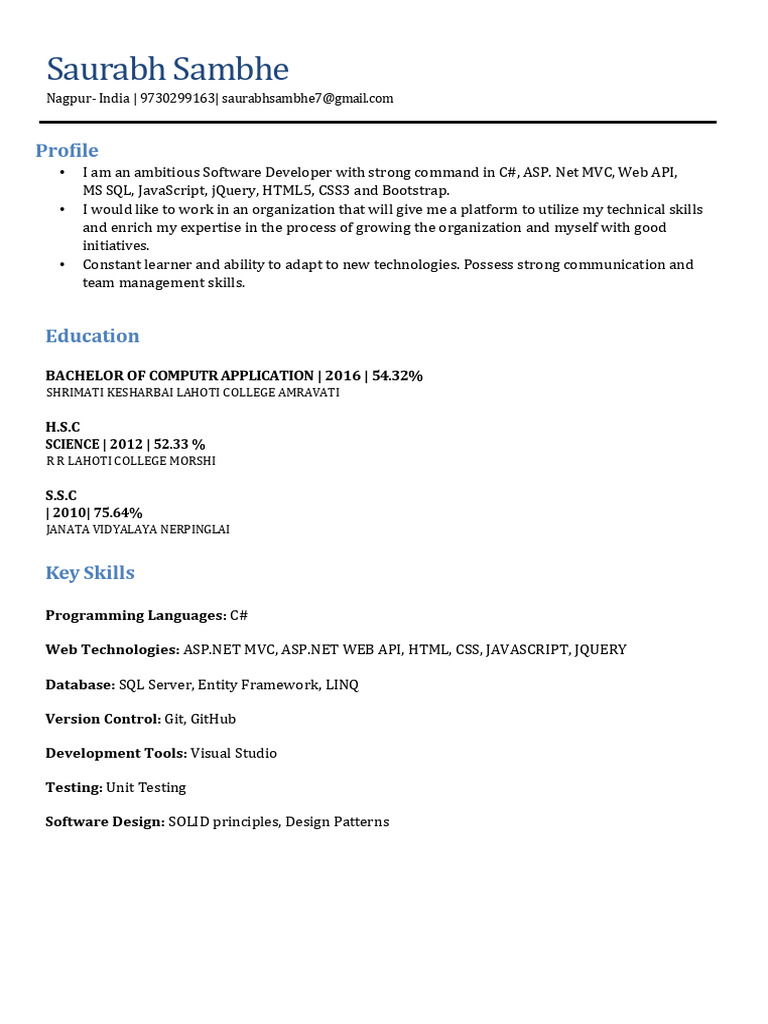 Saurabh RESUME DOT NET DEVELOPER | PDF | J Query | Model–View–Controller