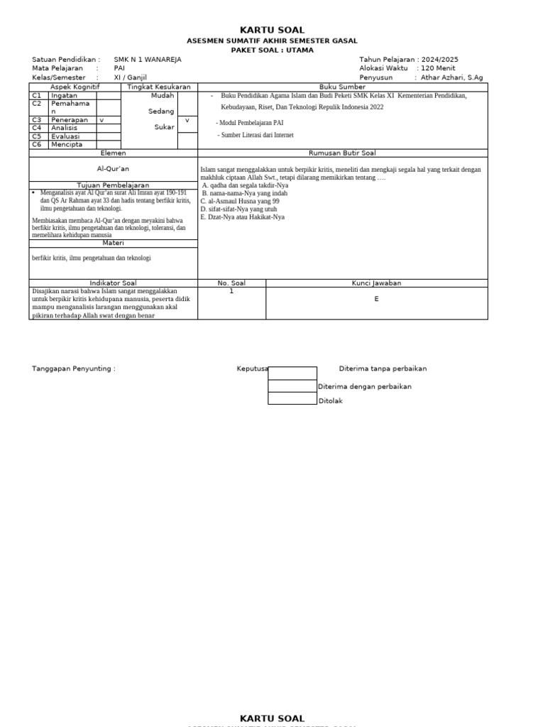 Kartu Soal Asas Ganjil Pai Kls Xi. 2024-2025 (Athar) | PDF