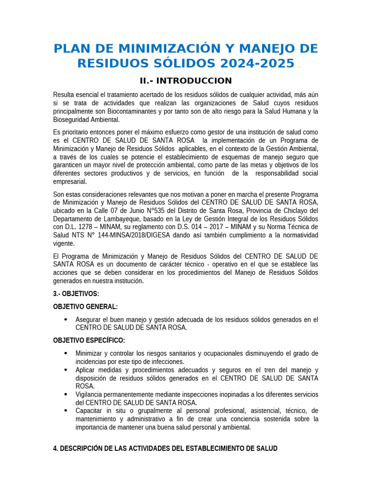Plan de Minimizacion y Manejo de Residuos Solidos 2024-2025 Santa Rosa | PDF | Residuos