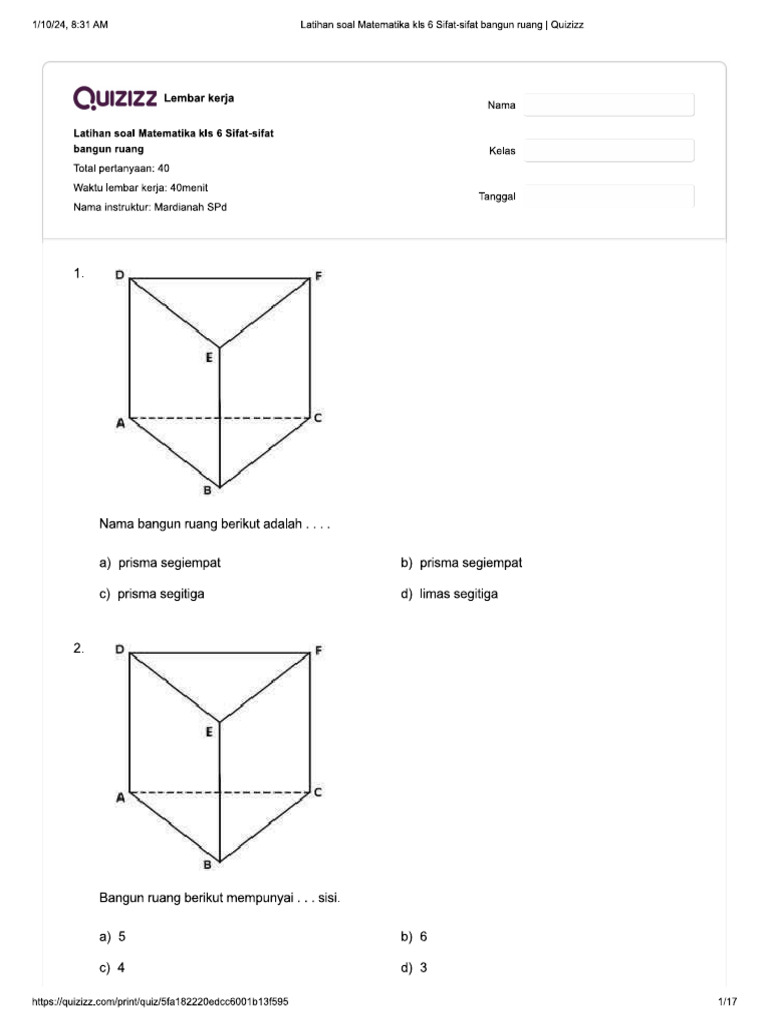 Soal Matematika Sifat Sifat Bangun Ruang | PDF
