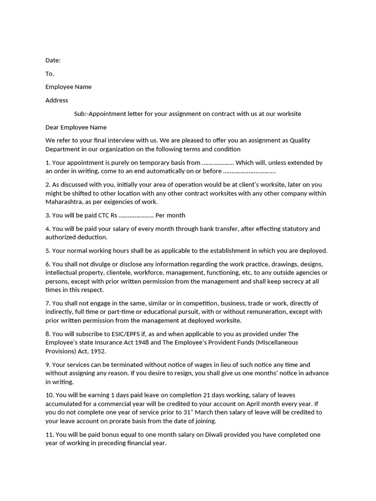 Joining Letter Format Contractor | PDF