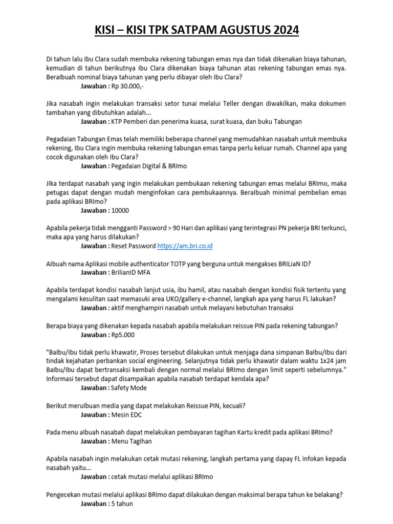 Kisi - Kisi TPK Satpam Agustus 2024 | PDF