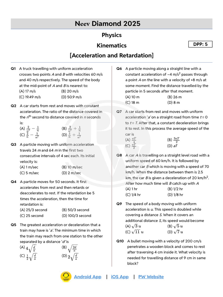 Kinematics - DPP 05 (Of Lec 06) - Neev Diamond 2025 Recorded | PDF | Acceleration | Euclidean ...