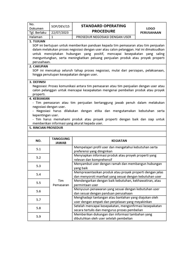 SOP Negosiasi Tim Pemasaran | PDF | Karier & Perkembangan | Hukum