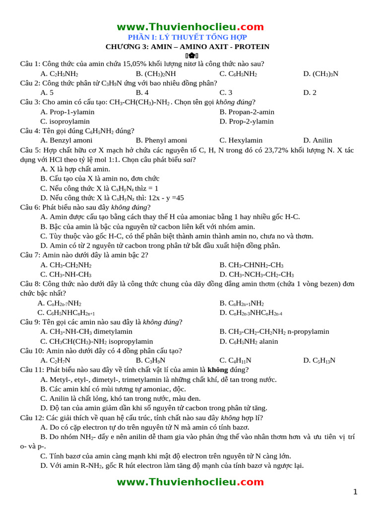 Cac Dang Bai Tap Ve AMIN AMINO AXIT PROTEIN | PDF
