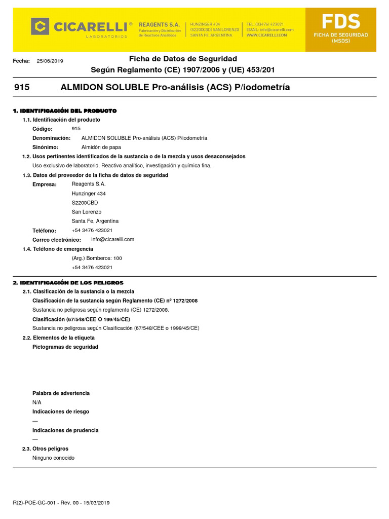 915 ALMIDON SOLUBLE Pro-Análisis (ACS) P/iodometría | PDF | Residuos | Agua