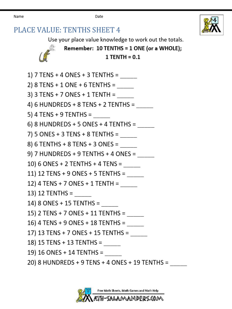 Place Value Tenths Worksheet | PDF