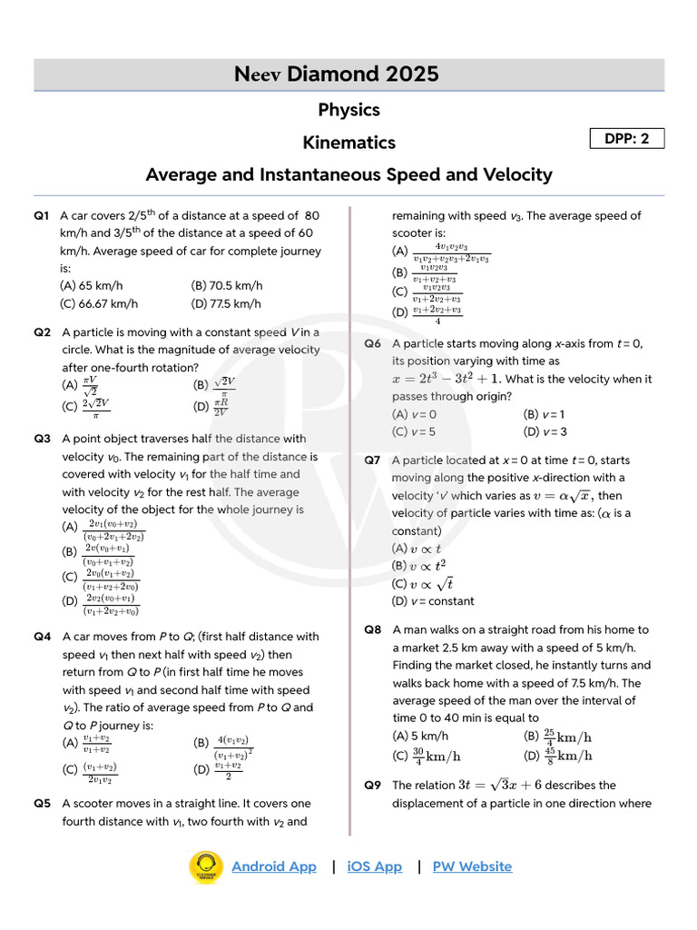 Kinematics - DPP 02 (Of Lec 03) - Neev Diamond 2025 Recorded | PDF | Speed | Velocity