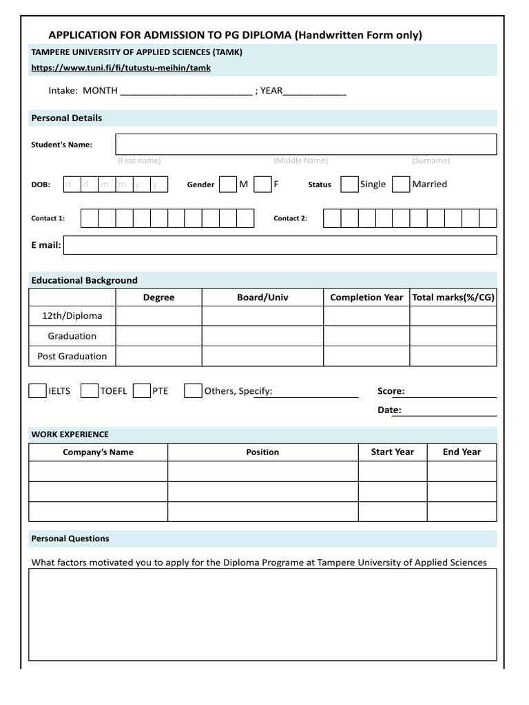 Mar'25 PG Diploma Application Form TAMK V 2.1 | PDF | Career & Growth