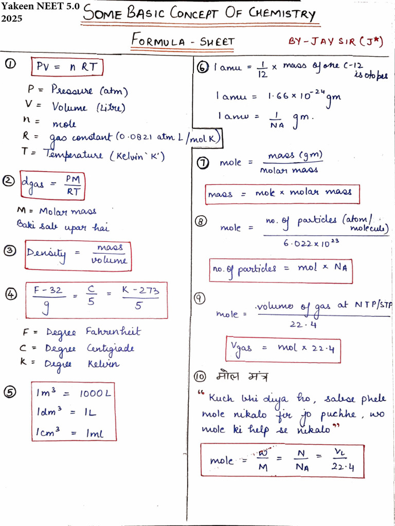 Some Basic Concepts of Chemistry - Formula Sheet - Yakeen NEET 5.0 2025 ...