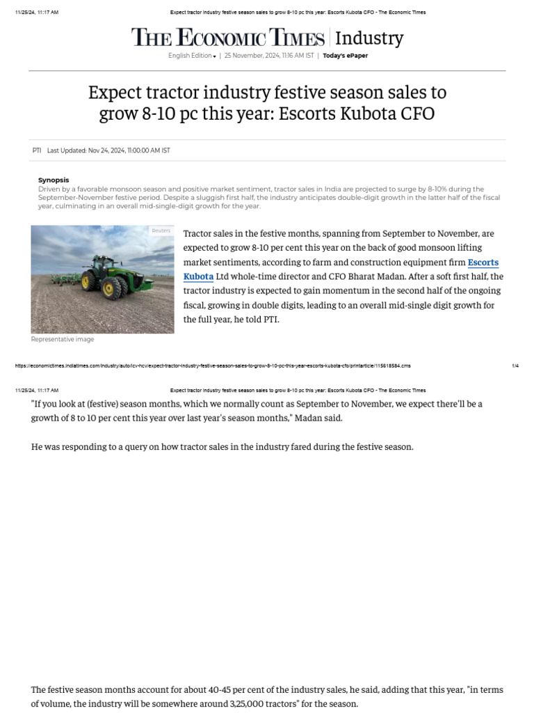 Expect Tractor Industry Festive Season Sales To Grow 8-10 PC This Year ...