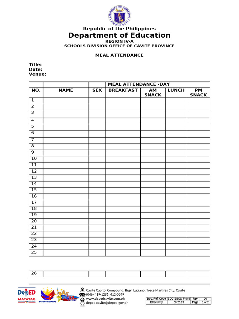 CODED-SDO-SGOD-F-046-Meal Attendance | PDF