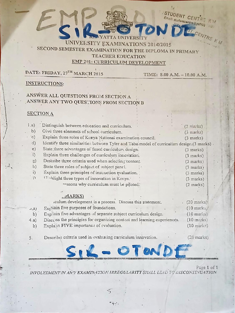 Emp 211, Past Papers by Sir Otonde Michael | PDF | Curriculum | Educational Assessment