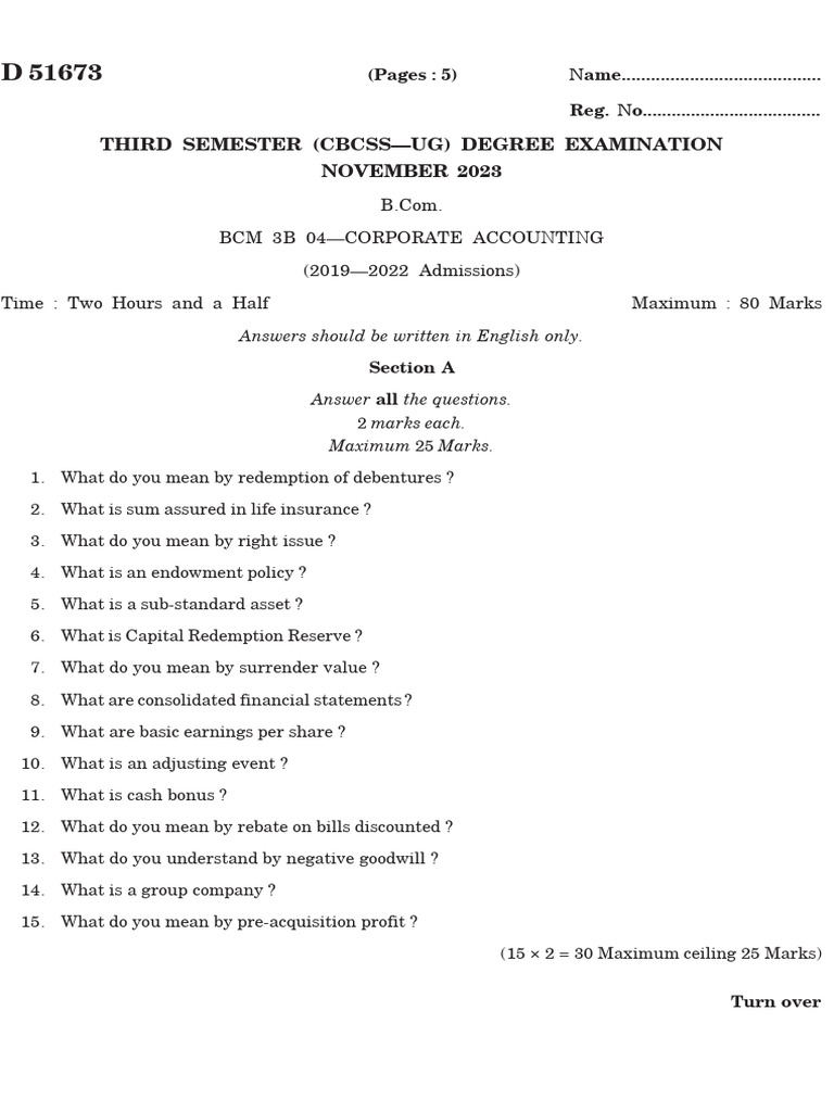 Corporate Accounting Exam Paper 2023 | PDF | Insurance | Life Insurance