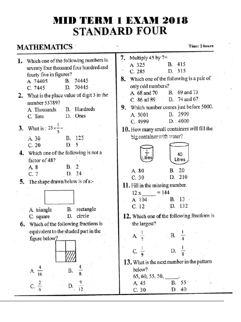 Mathematics STD 4 Mid Term 1 2018 | PDF | Business