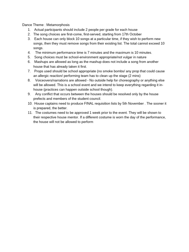 Interhouse Dance Rules | PDF