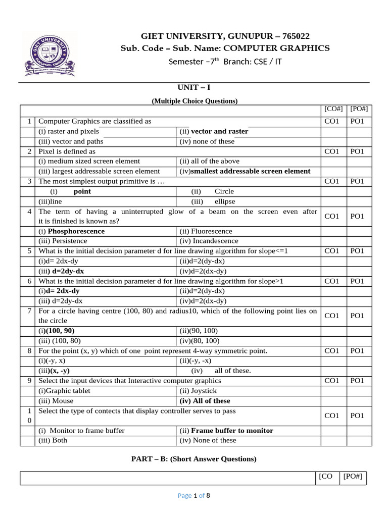 B. Tech - 7th CG Question Bank | PDF | Computer Engineering | Computer Graphics
