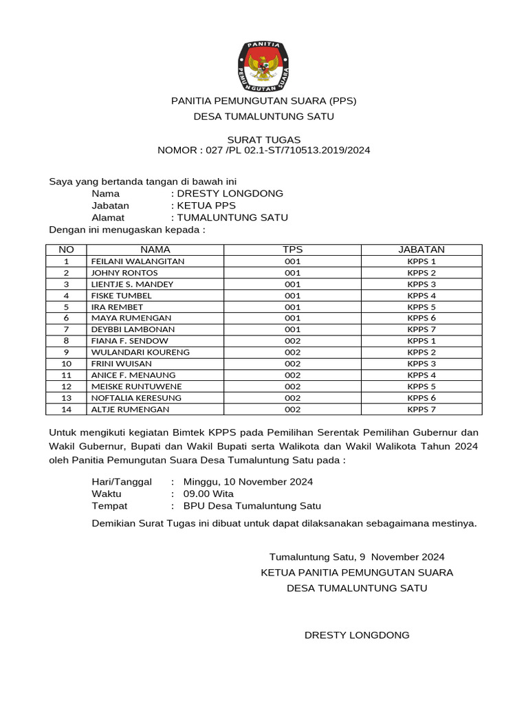 Surat Tugas Bimtek KPPS 2024 | PDF