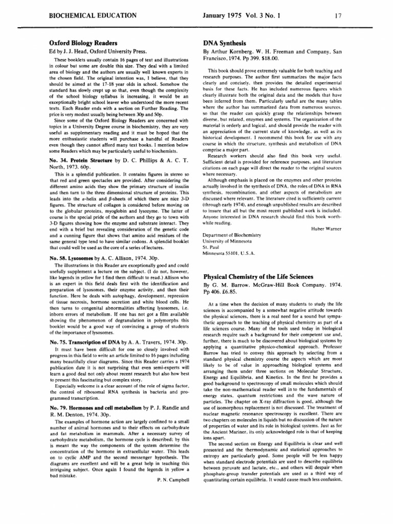 Biochemical Education - January 1975 - Pain - Physical Chemistry of The ...