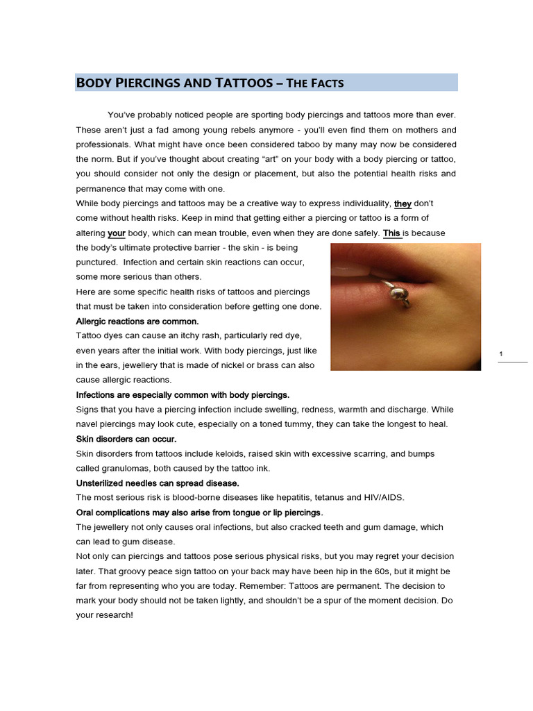 Body Piercings and Tattoos Reading Comprehension Exercises | PDF ...