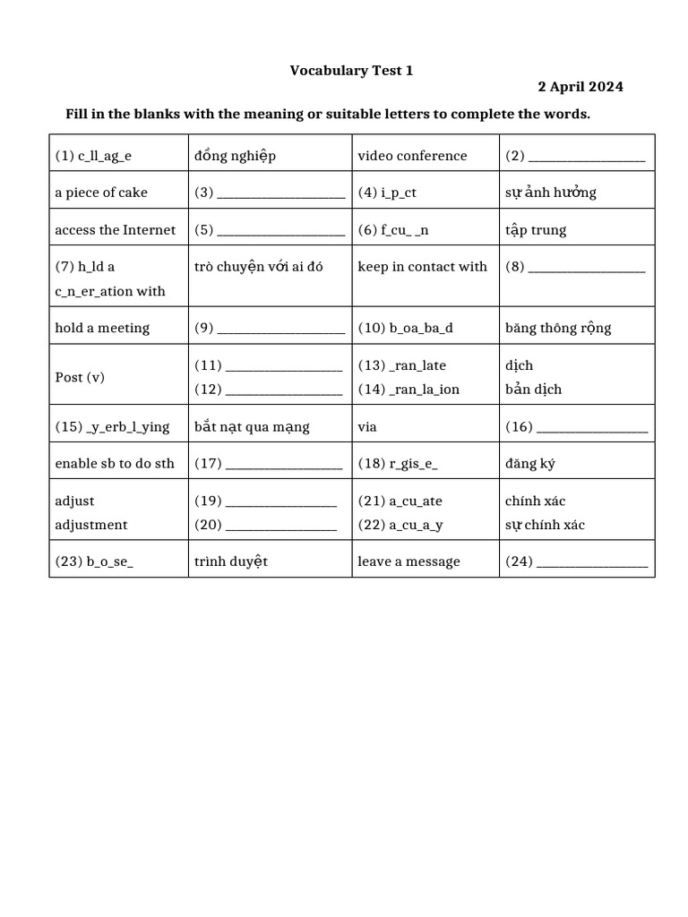 8A1 - 2.4 - Vocabulary Test 1 | PDF