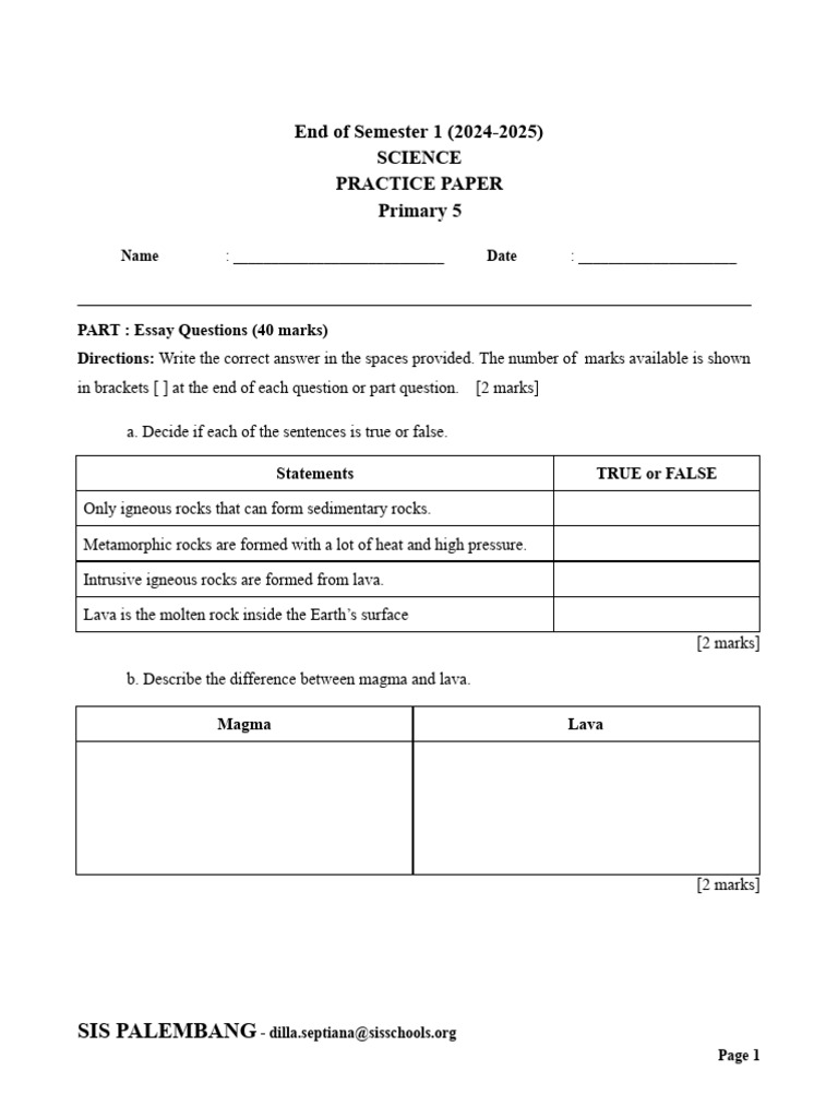 P5 Science PRACTICE PAPER ST1 2425 QP | PDF | Rock (Geology) | Igneous Rock