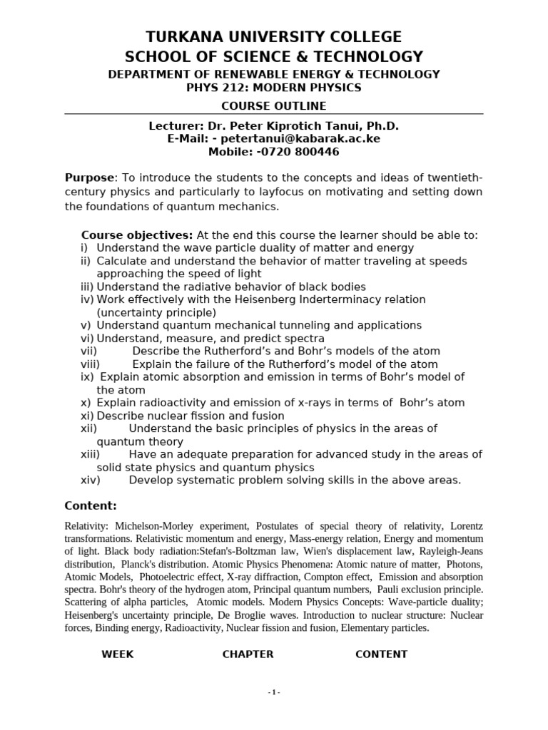 Phys 212 Modern Physics Course Outline | PDF | Atoms | Quantum Mechanics