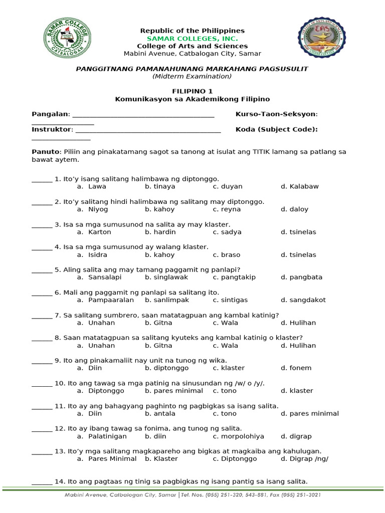 Midterm Exam Filipino 1 | PDF
