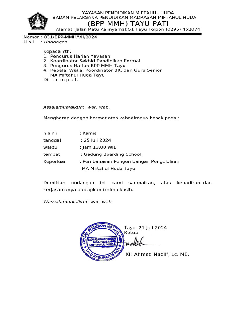 Undangan Pengelolaan MA MMH | PDF