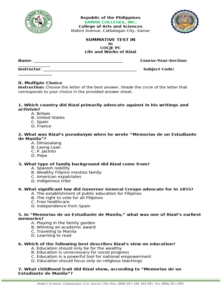 MIDTERM SUMMATIVE RIZAL | PDF | Philippines | Manila