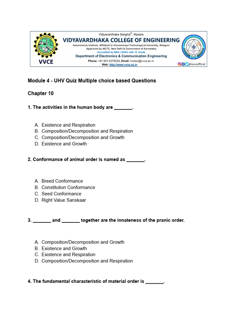 UHV Quiz: Multiple Choice Questions | PDF | Language Arts & Discipline ...