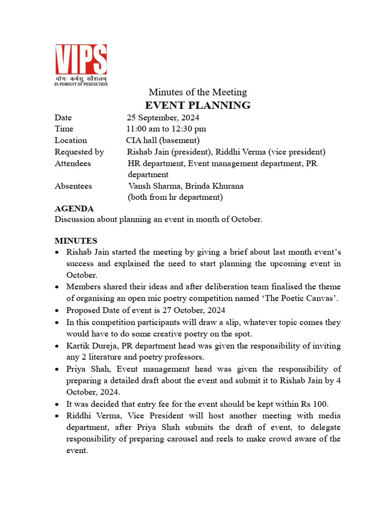 Event Planning: Minutes of The Meeting | PDF