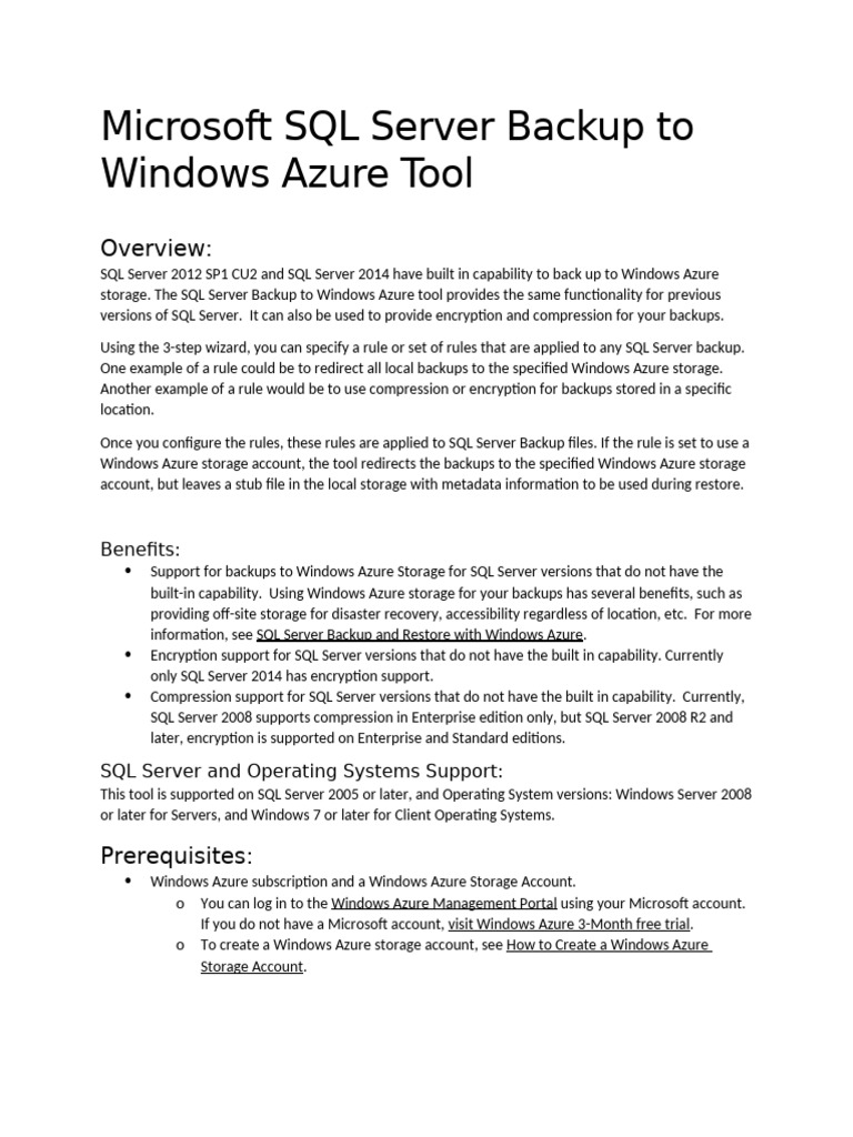 Microsoft SQL Server Backup to Windows Azure Tool | PDF | Backup | Microsoft Sql Server