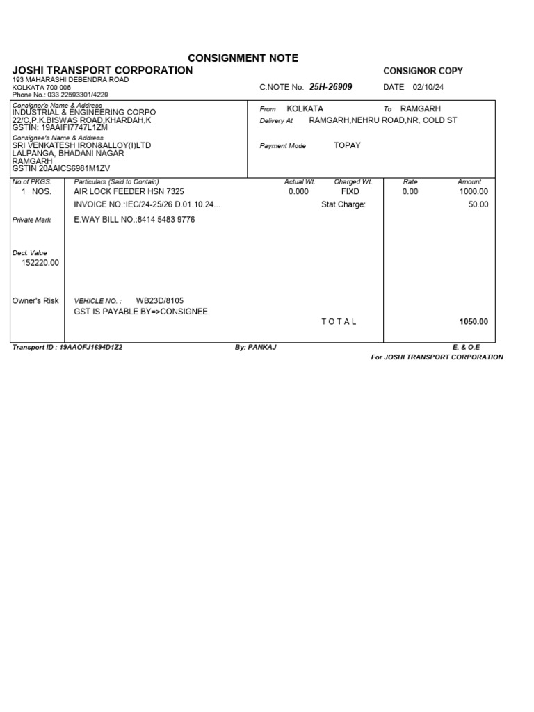 Joshi Transport Consignment Note 25H-26909 | PDF