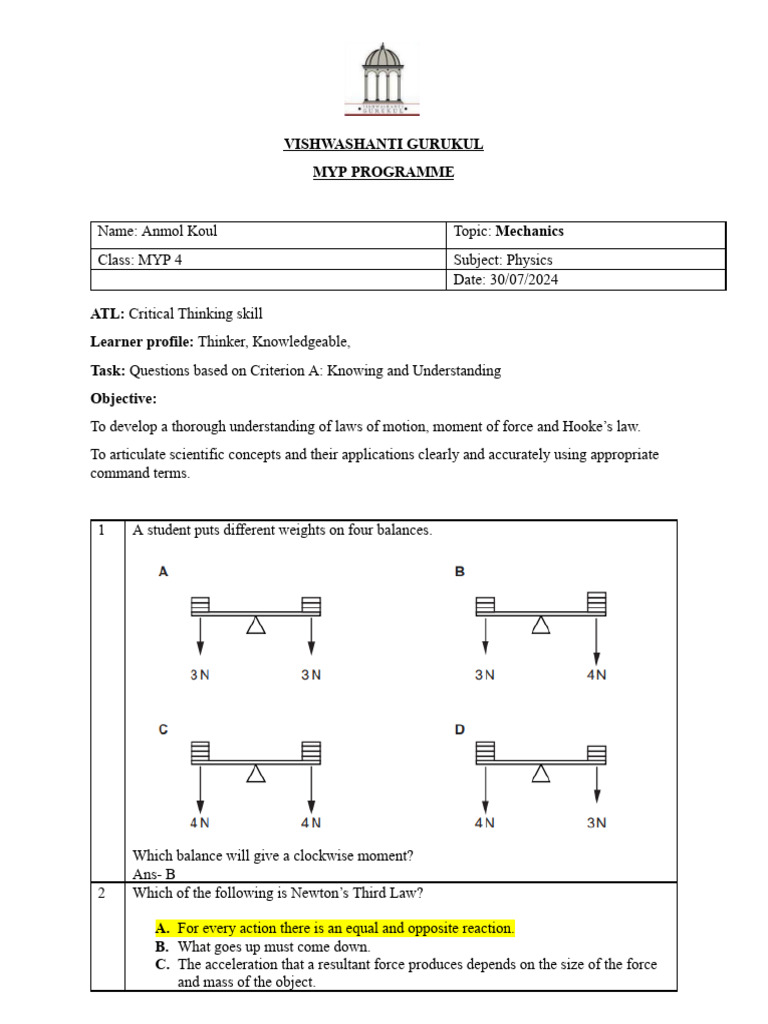 Anmol Koul's M.Y.P-4 Physics Worksheet-3 | PDF | Force | Mass