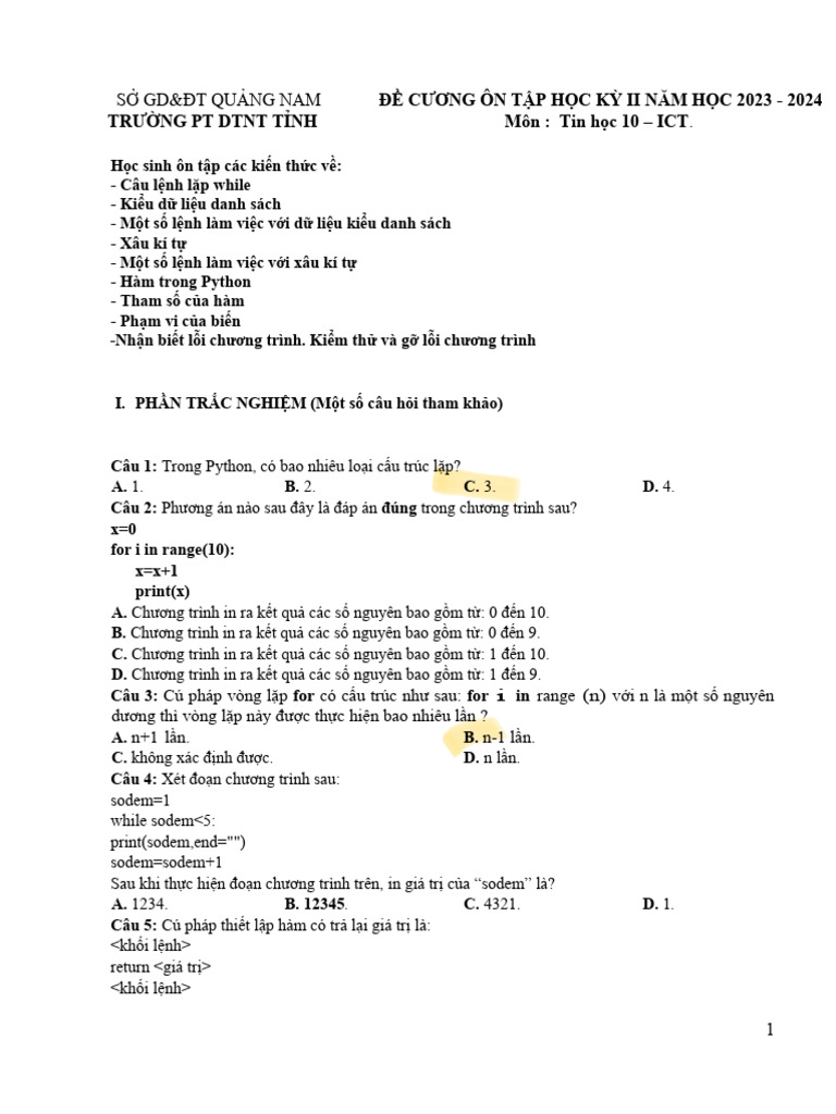 De Cuong On Tap Hk2 Tin 10 | PDF