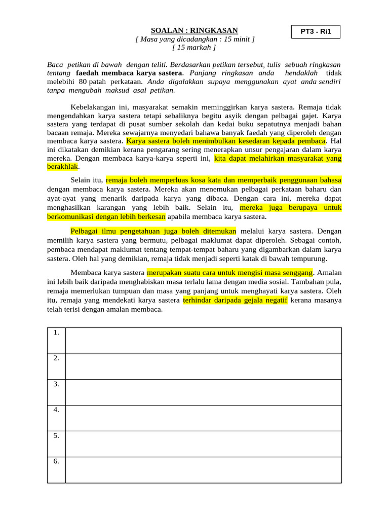 RINGKASAN SET 1 - Faedah Belajar Karya Sastera | PDF