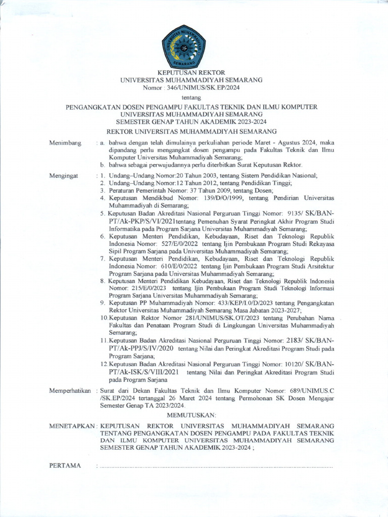 2023-23.346.EP Pengangkatan Dosen Pengampu Mengajar FTIK Semester Genap TA 2023-2024 Praktikum ...