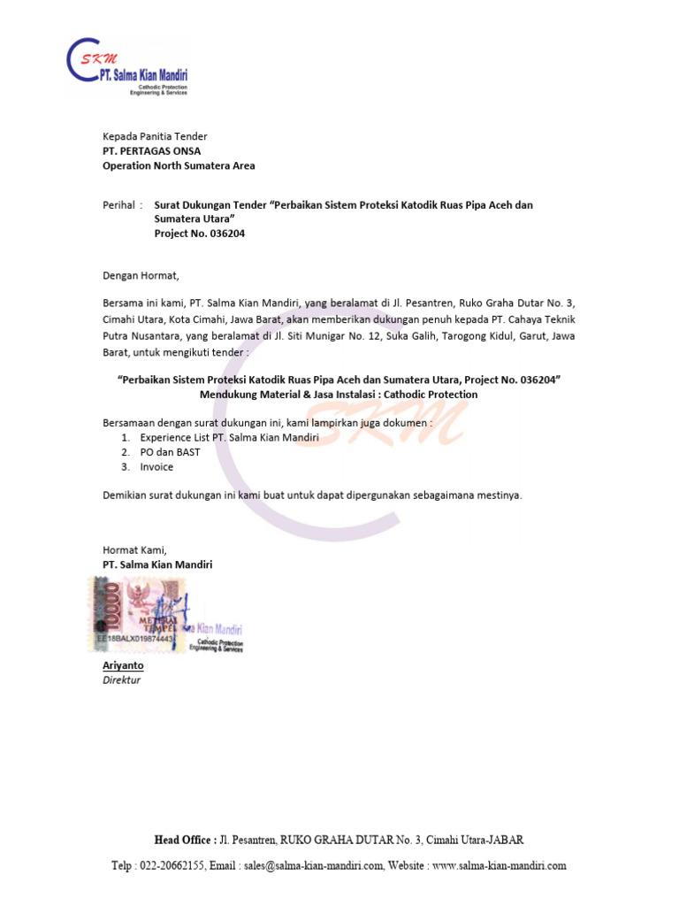 Surat Dukungan PT. CTPN | PDF