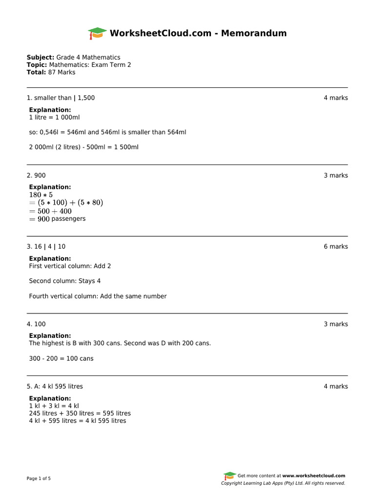 G4 Mathematics Term 2 Exam MEMO | PDF | Mathematics