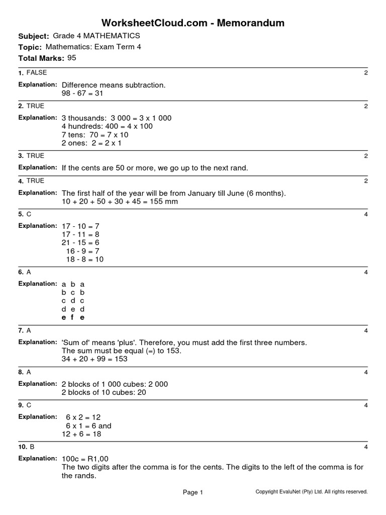 G4 Mathematics Term 4 Exam MEMO | PDF | Elementary Mathematics ...