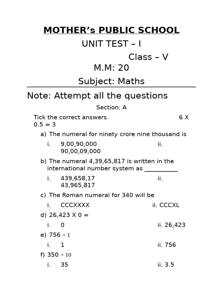 Class 5 Maths Unit Test I Paper | PDF