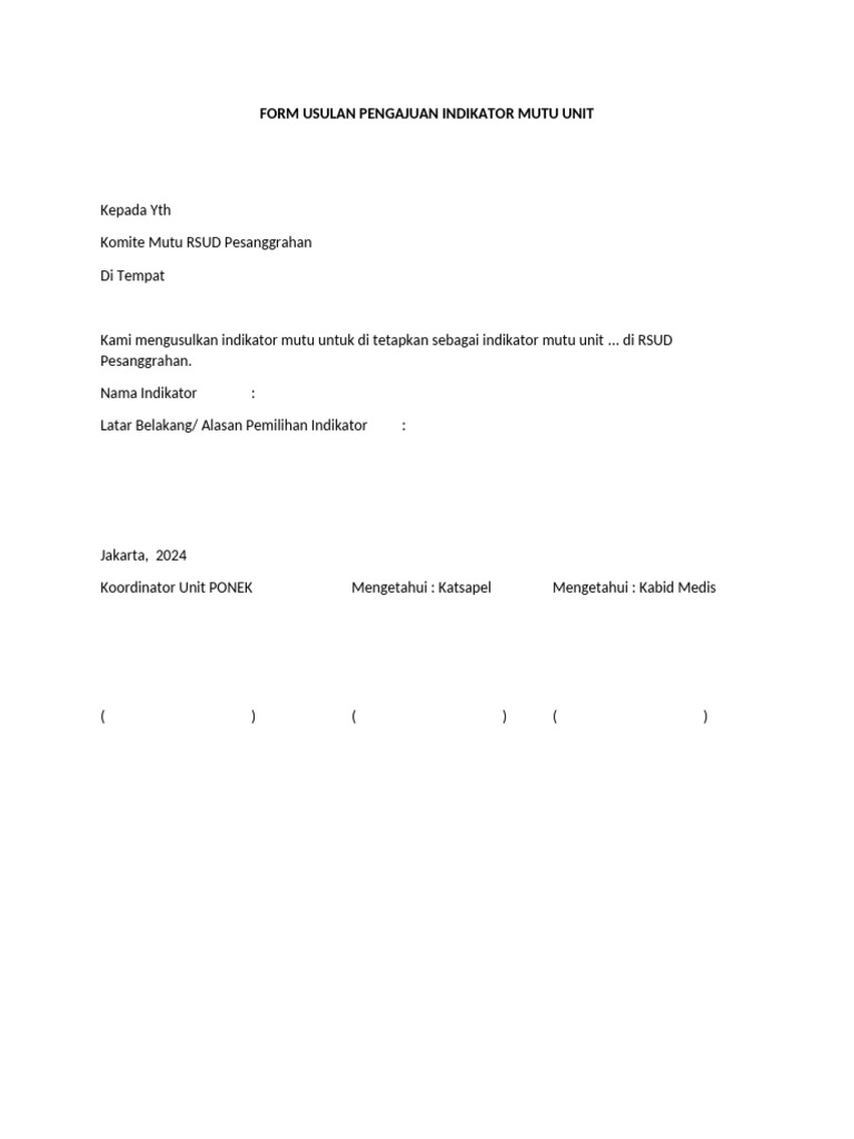 Form Pengajuan Indikator Mutu Unit | PDF