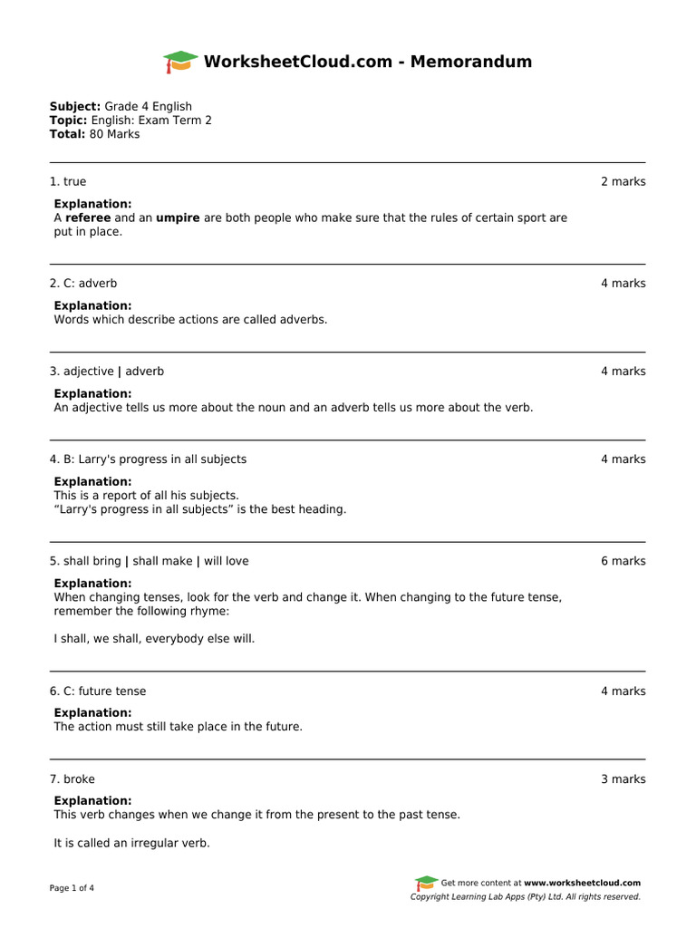 G4 English Term 2 Exam MEMO | PDF | Verb | Adjective