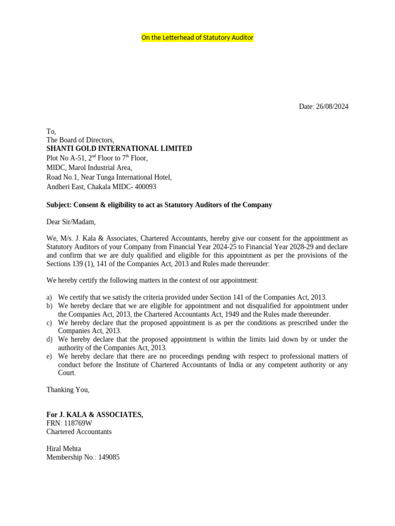 Auditor Consent for Appointment 2024-29 | PDF | Finance & Money Management