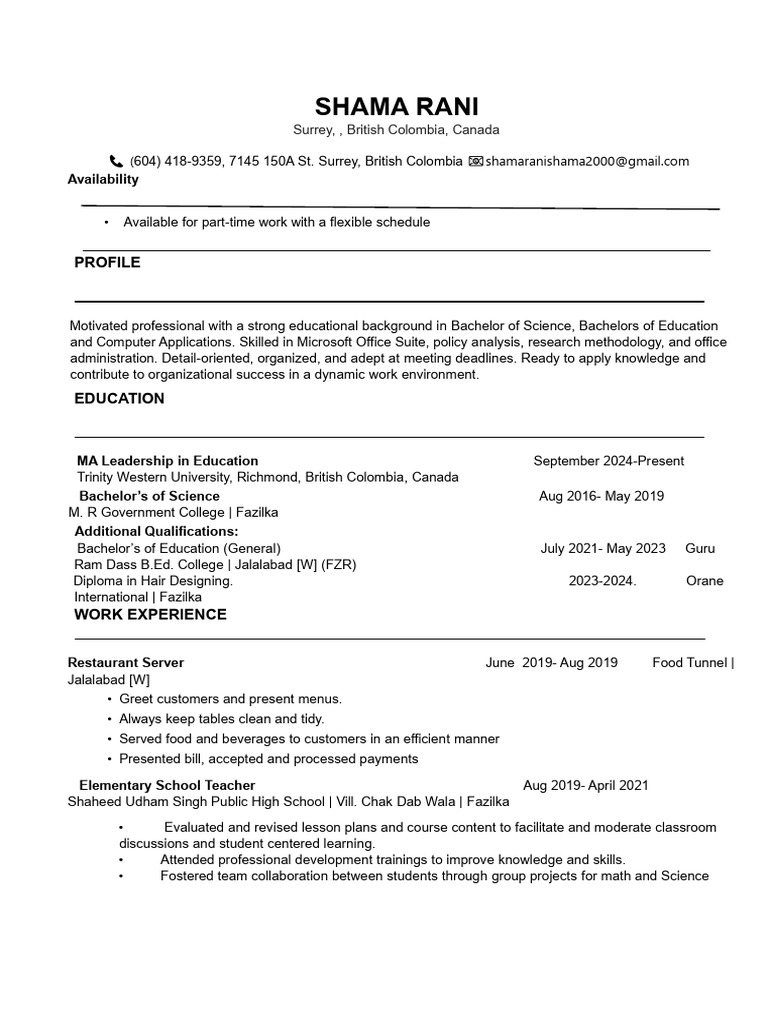 Shama Rani Canadina CV Updated | PDF | Learning | Teachers