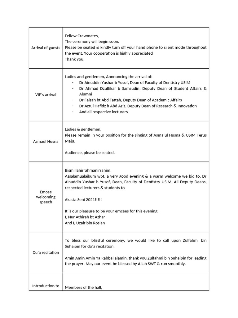 Akasia Seni 2021 Emcee Script | PDF