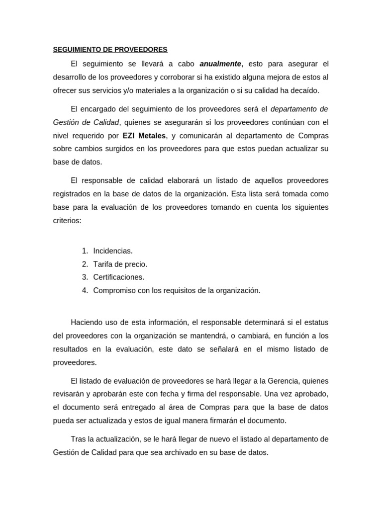 Evaluación Anual de Proveedores EZI Metales | PDF