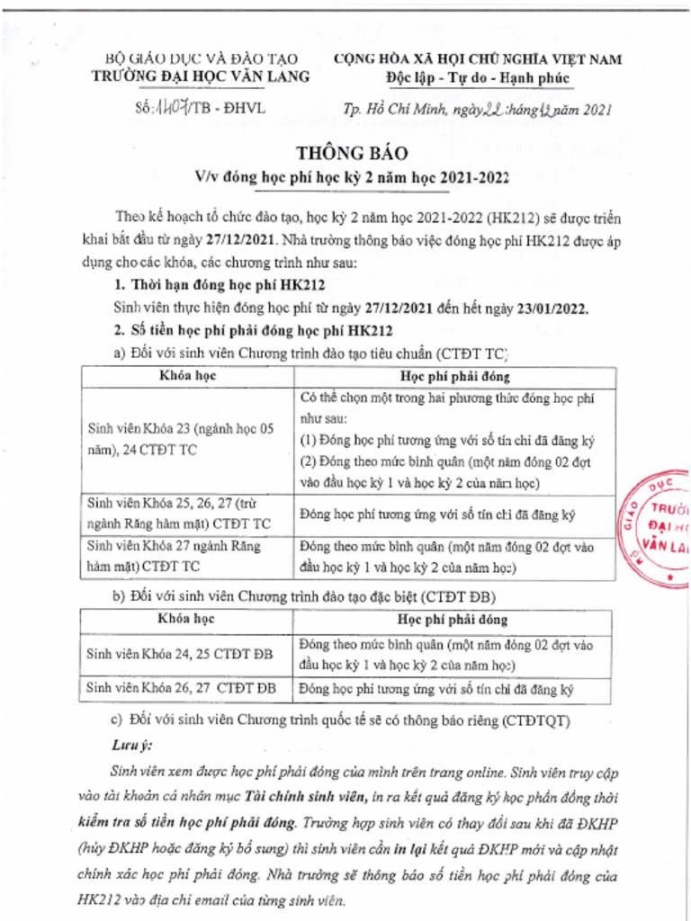 2021 12 22 - Thông báo đóng học phí HK212 | PDF